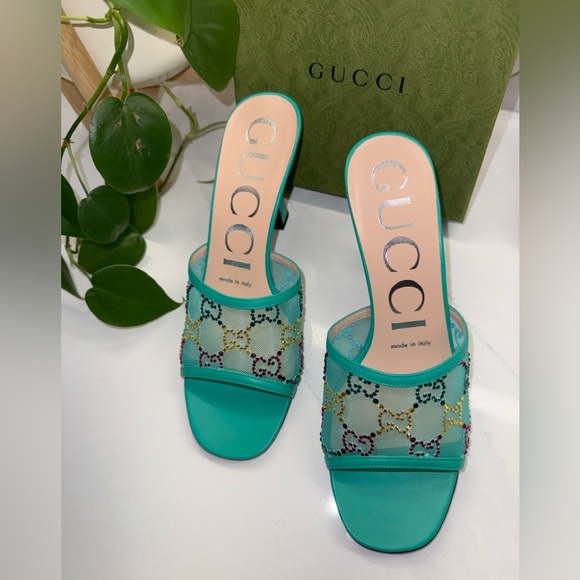 Gucci | Shoes | Gucci Womens Heeled Mule Sandals Crystal Gg Embellished ...